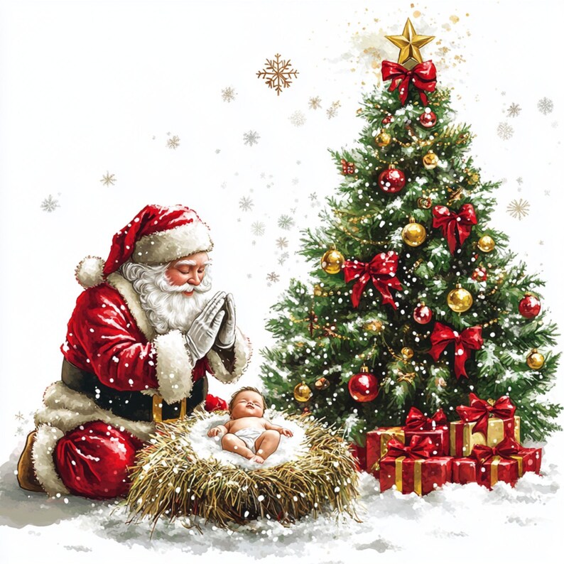 Santa Praying Over Baby Jesus: Watercolor Christmas Clipart (digital ...