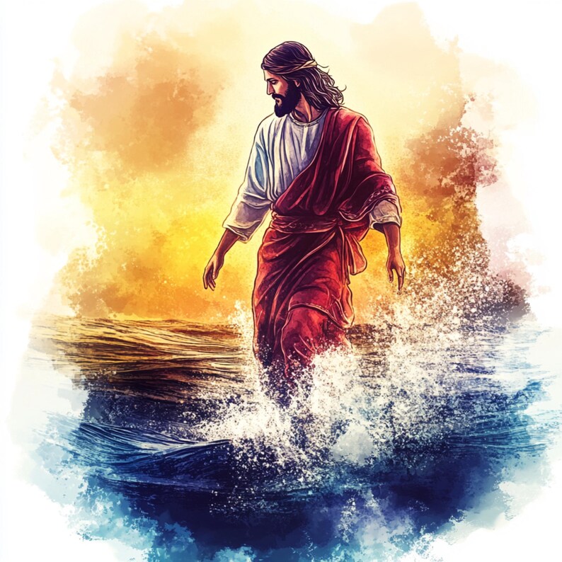 Jesus Walks on Water Clipart: Religious Bible Story Art (digital ...