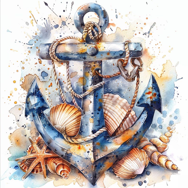 16 ANCHOR and SEA SHELLS Cliparts, Watercolor Anchor, Digital Image of ...