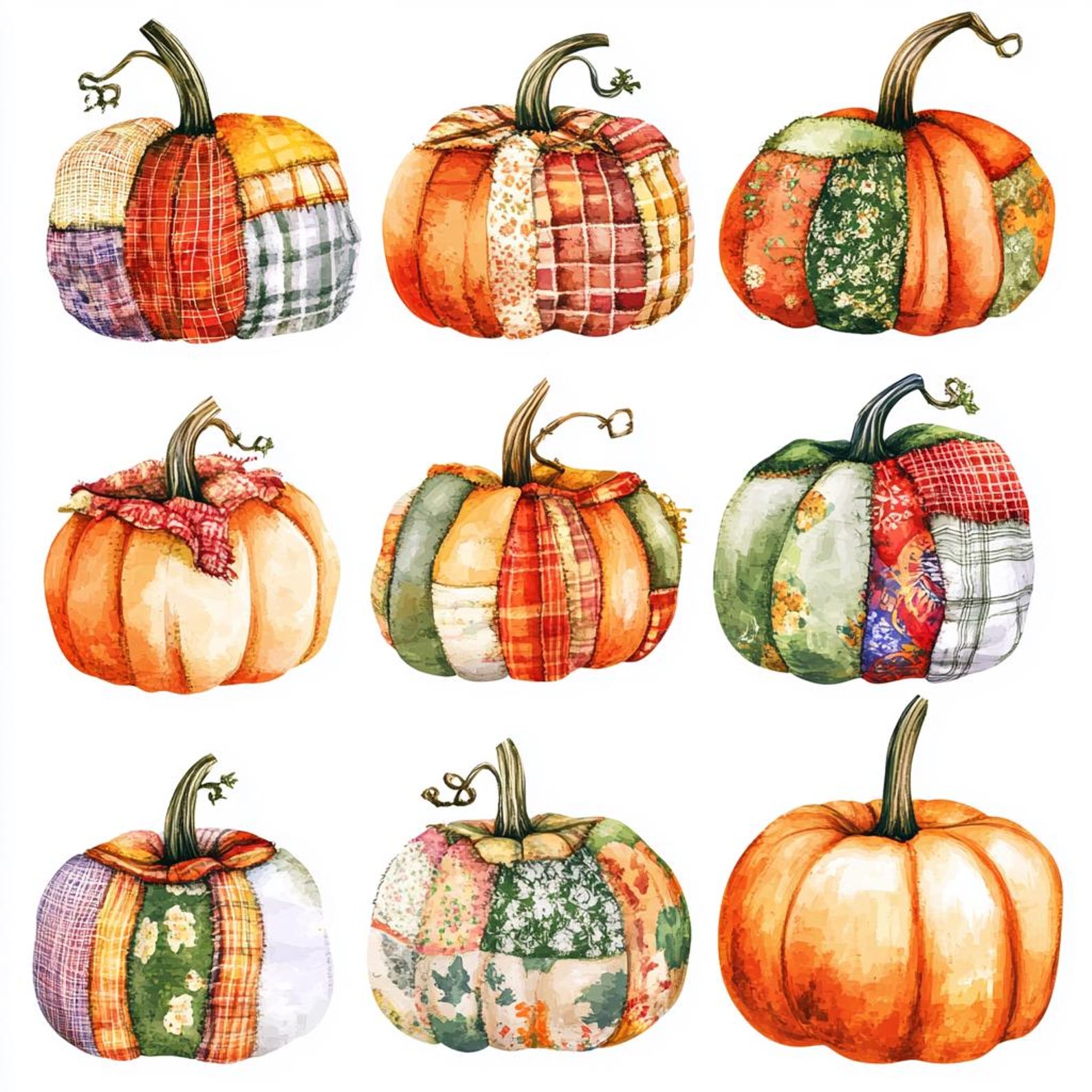 Pumpkins Patchwork Cliparts, Commercial Use Pumpkins Art, 10 Print ...