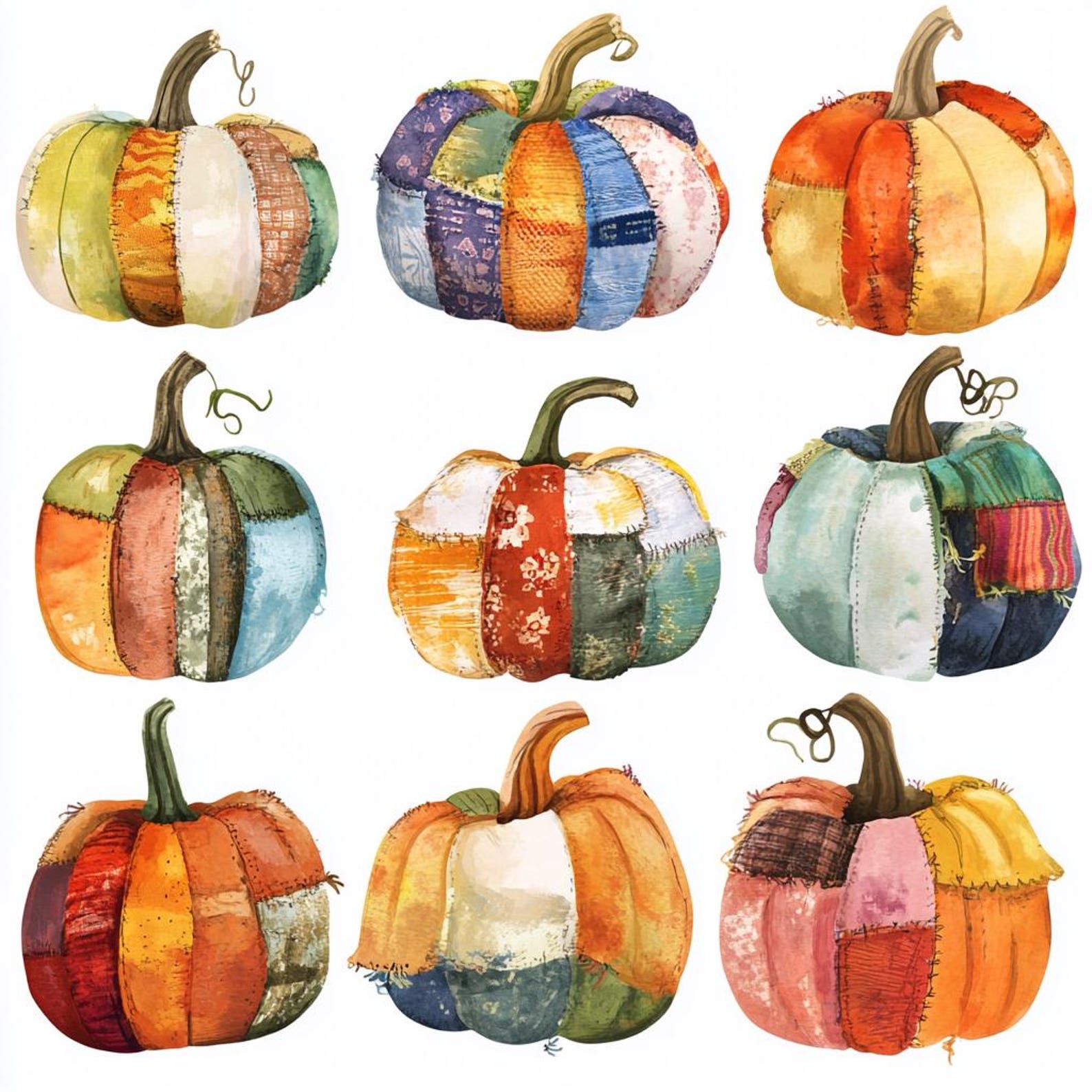 Pumpkins Patchwork Cliparts, Commercial Use Pumpkins Art, 10 Print ...