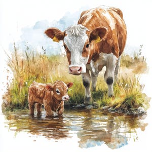 Watercolor Cow & Calf Clipart: Farm Animal Art (JPG) - Etsy