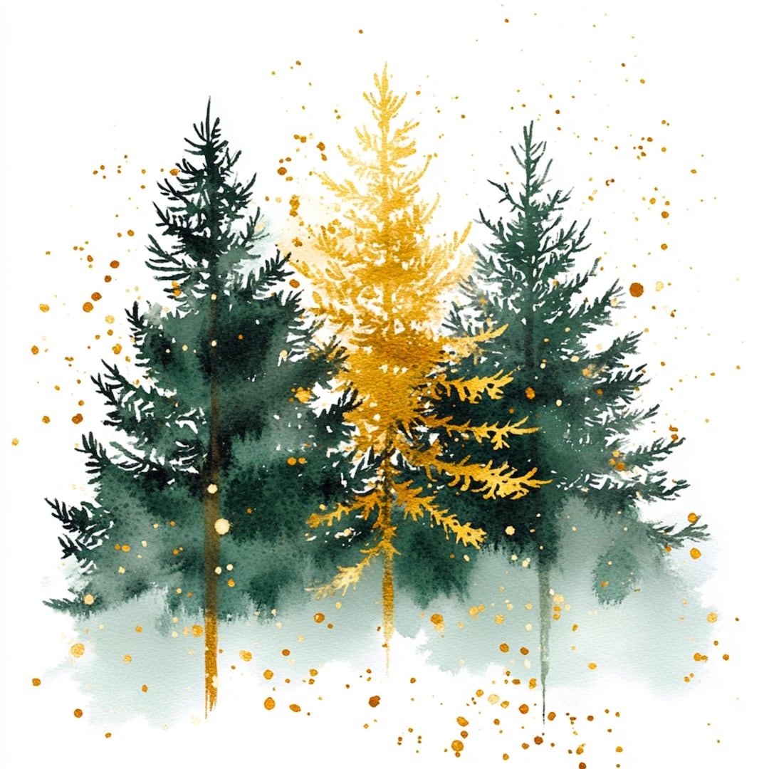 Golden Christmas Trees Watercolor Clipart: Sparkling Holiday Decor ...