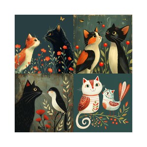 Cat and Bird Cliparts: Playful Feline Graphics (JPG Digital Download ...