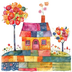 Cozy Patchwork House Clipart: Watercolor Cartoon PNG (digital Download ...