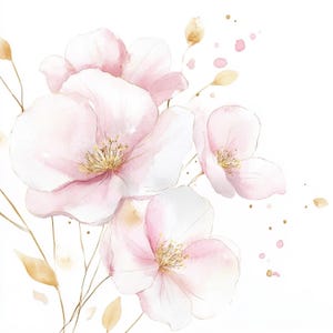 Pink Gold Watercolor Flowers Clipart: Pastel Floral Graphics (digital ...