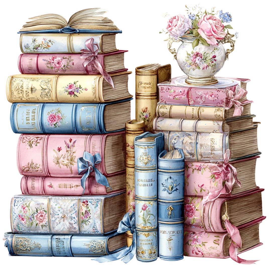 12 Vintage Cottagecore Books Clipart, Shabby Chic Floral Book Stack ...