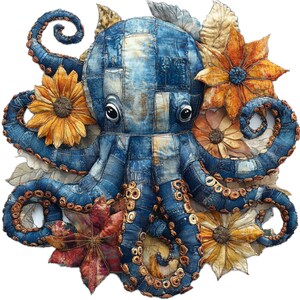 12 PATCHWORK FLORAL OCTOPUS Digital Images, Patchwork Octopus Clipart ...