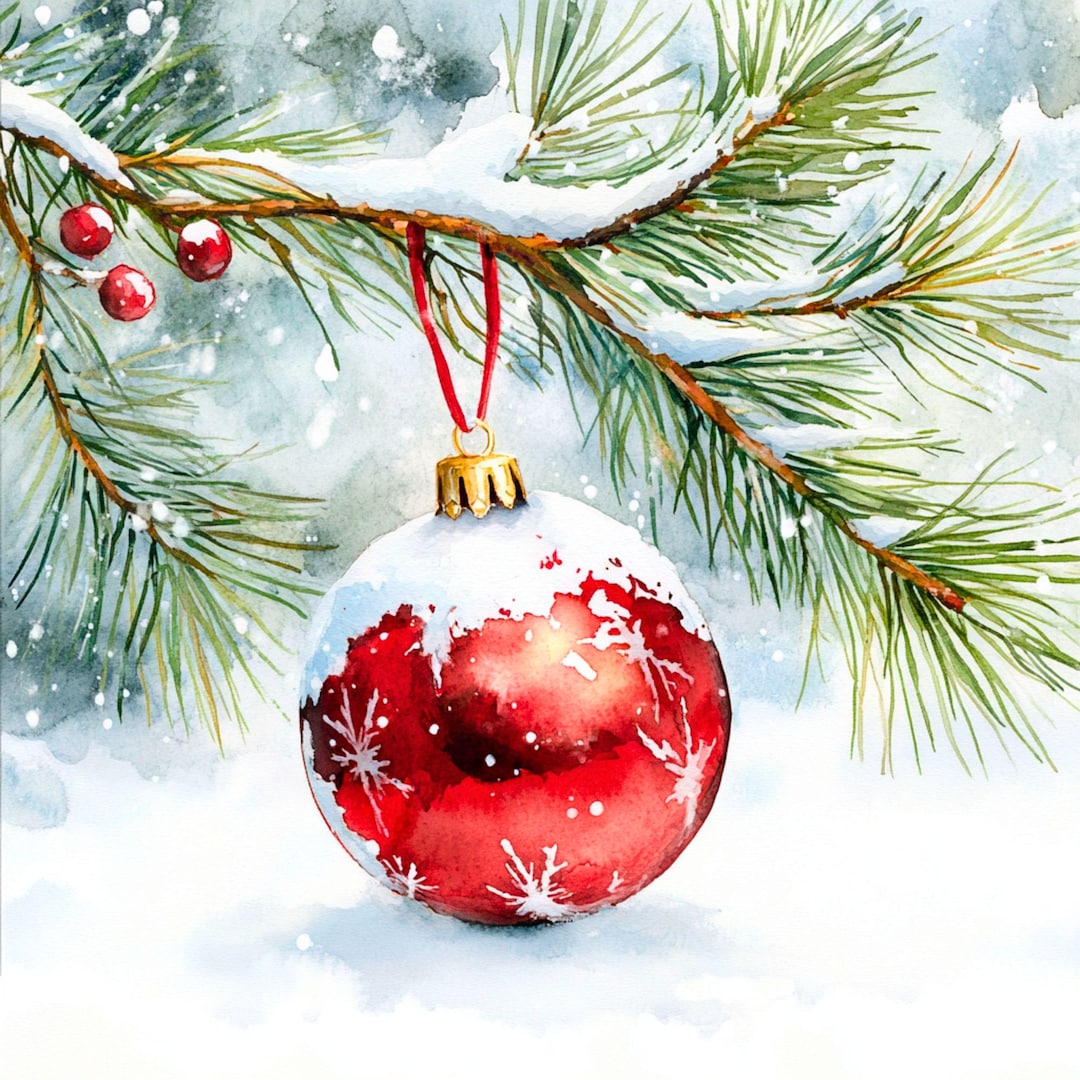 Watercolor Christmas Ornament on Pine Branch: Festive Digital Image ...