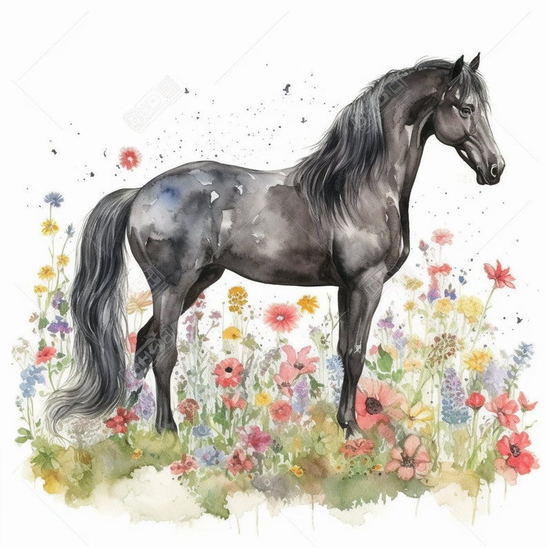 Black Horse Watercolor Clipart: Spring Floral Wall Art (digital ...