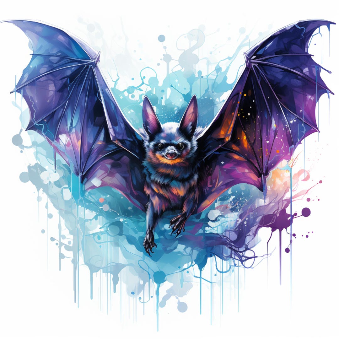 12 Bat Neon Clipart, Bat Clip Art Wall Art, Watercolor Bat Clipart ...