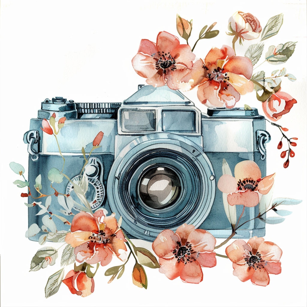 Watercolor Camera Clipart: Flowers PNG Bundle (digital Download) - Etsy