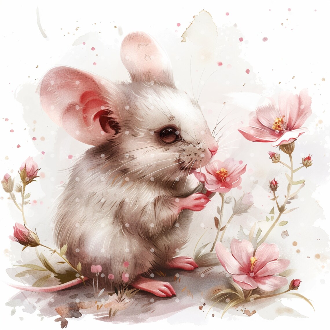 18 Little Mouse, Cute Flower, Clipart, Printable Watercolor Clipart, 18 ...