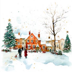 Watercolor Christmas Village Clipart: Snowy Winter Landscape (digital ...