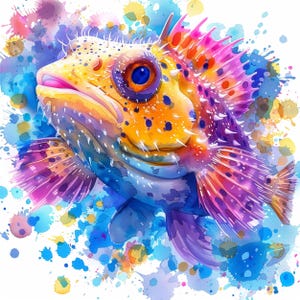 Neon Pufferfish Cliparts: Watercolor Fish PNG Images (digital Download ...
