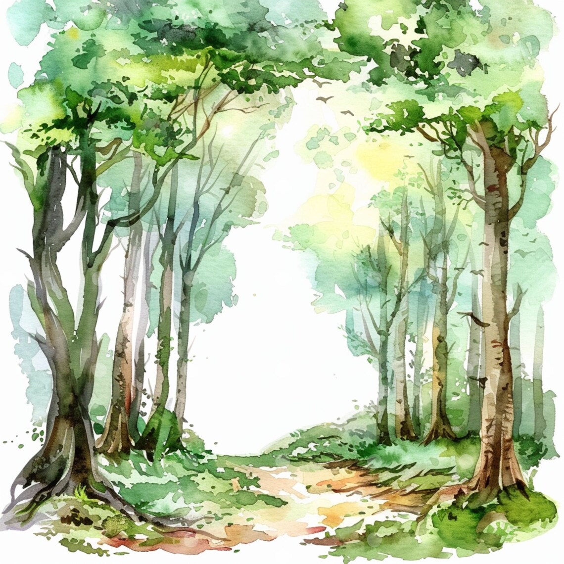 Watercolor Forest Path Clipart: Green Landscape Art (digital Download ...