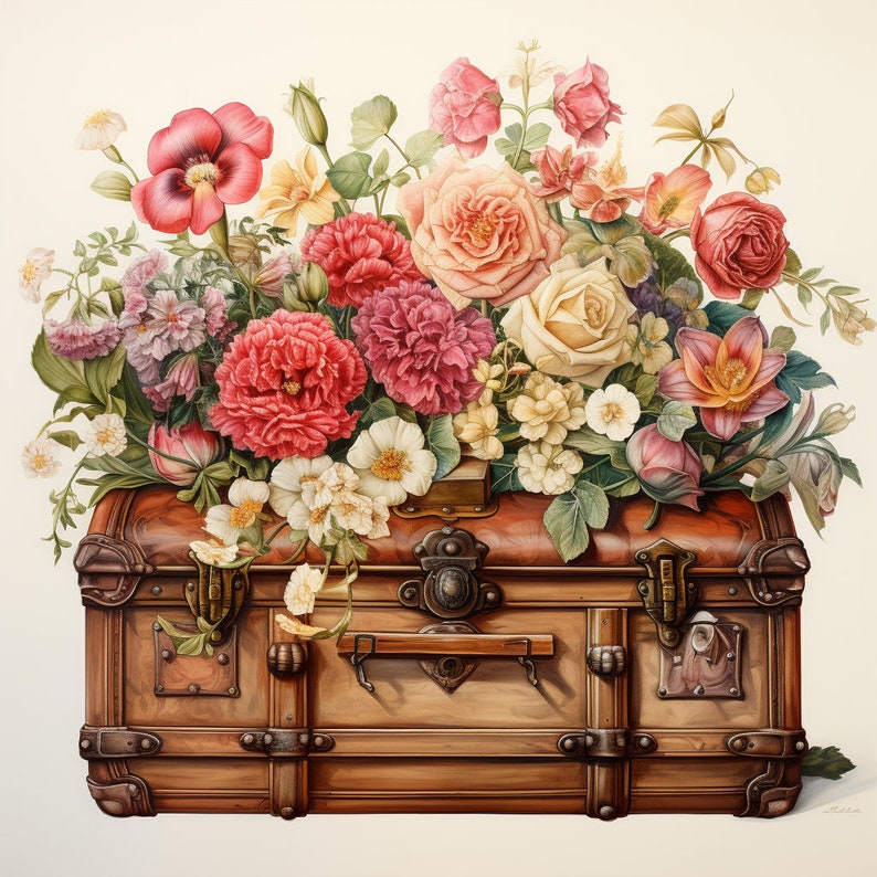 10 Vintage Chest Flowers Clipart, Old Floral Chest Clipart, Flowers ...
