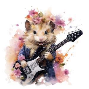 Floral Hamster Rockstar Cliparts: Watercolor Musician PNG (digital ...