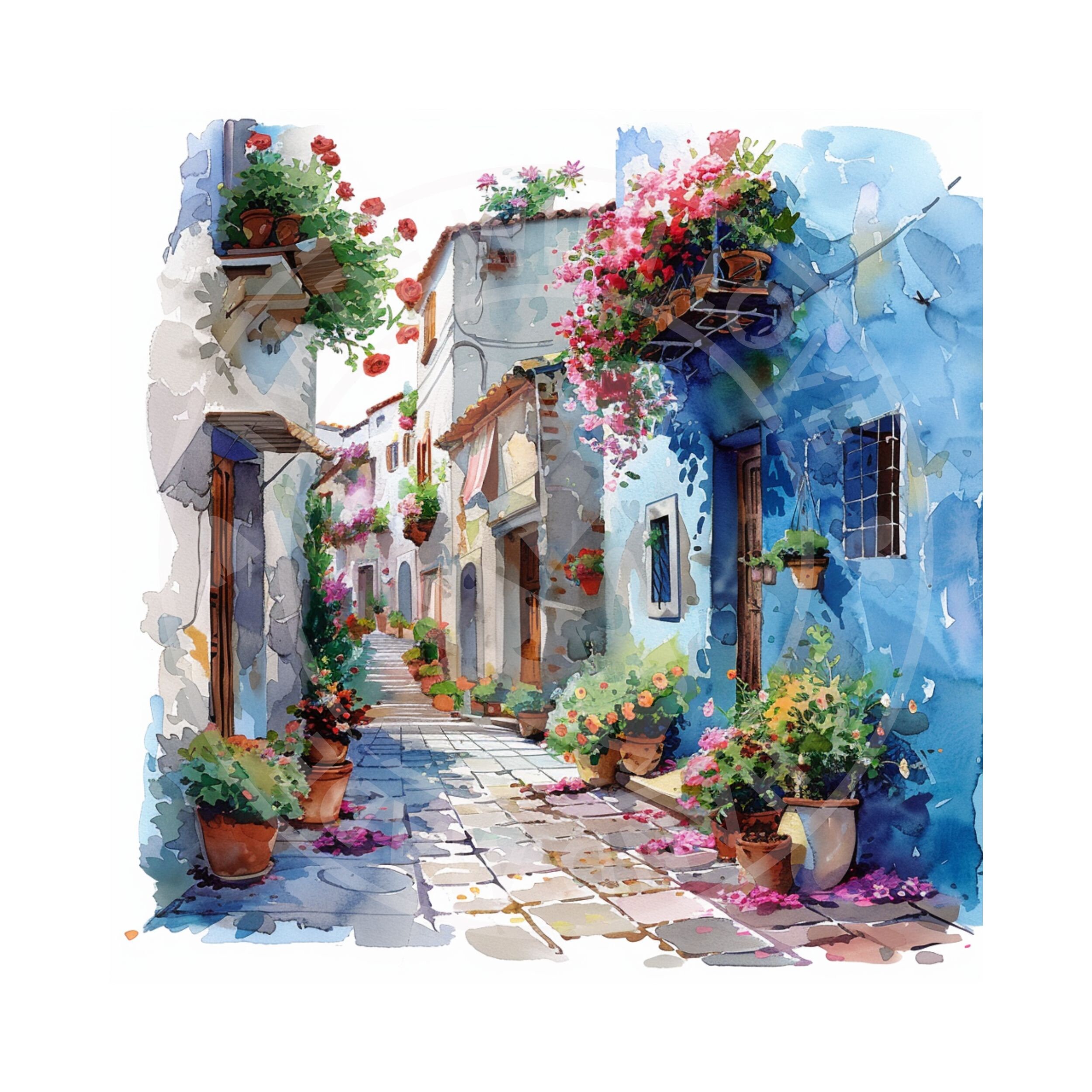 Watercolor Flower Street Clipart: Printable Floral Townscape (JPG ...