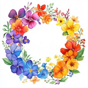 Rainbow Floral Frame Clipart: Colorful Flower Borders (PNG, Digital ...