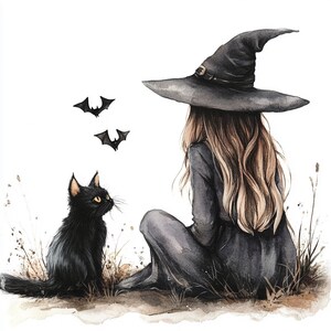 10 Witches Black Cat Clipart, JPG, Watercolor Halloween Illustrations ...