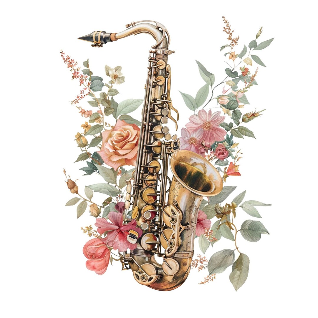 12 Floral Saxophone Clipart, PNG, Saxophone With Flowers Png, Printable ...