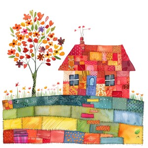 Cozy Patchwork House Clipart: Watercolor Cartoon PNG (digital Download ...