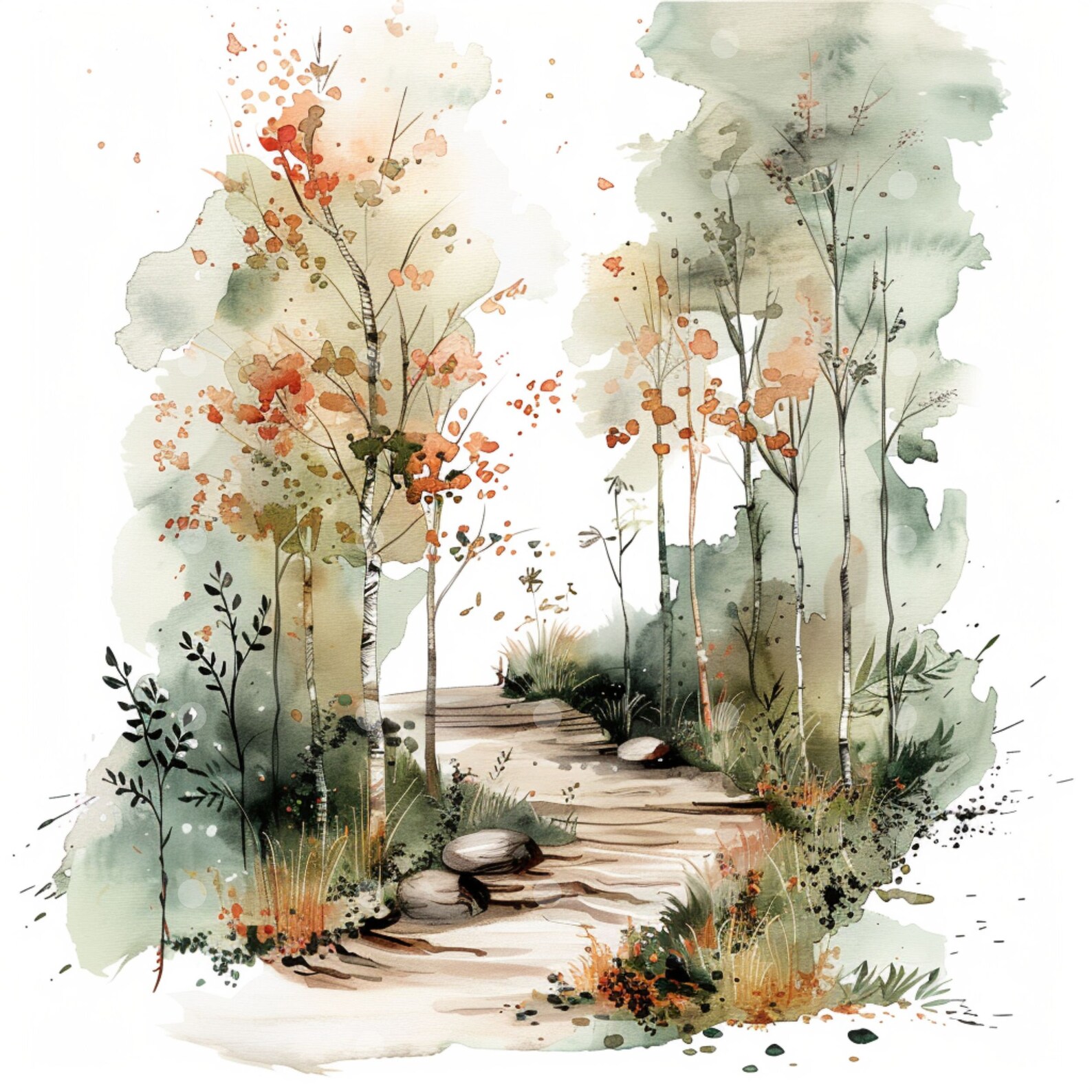 Watercolor Forest Path Clipart: Green Landscape Art (digital Download ...