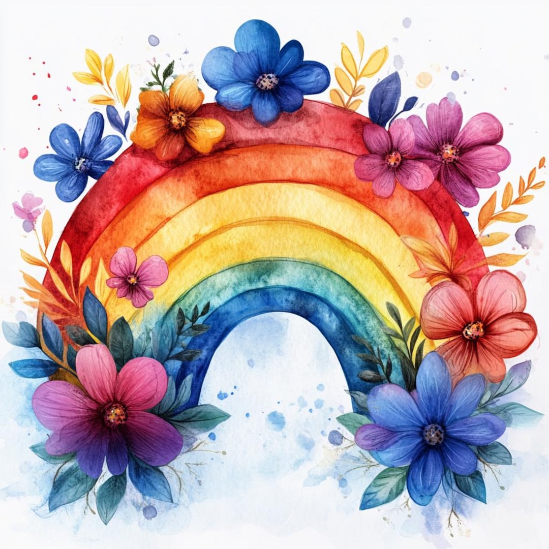 10 Rainbow Flowers Watercolor Clipart, JPG Cartoon Rainbow, Printable ...