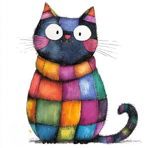 Watercolor Patchwork Cat Clipart: Vintage Scrapbooking Art (digital ...