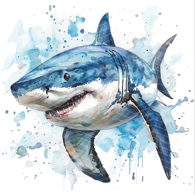 Watercolor Shark Clipart: Sea Fish Illustrations (JPG Digital Download ...