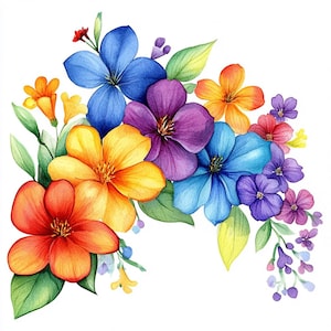 Rainbow Floral Frame Clipart: Colorful Flower Borders (PNG, Digital ...