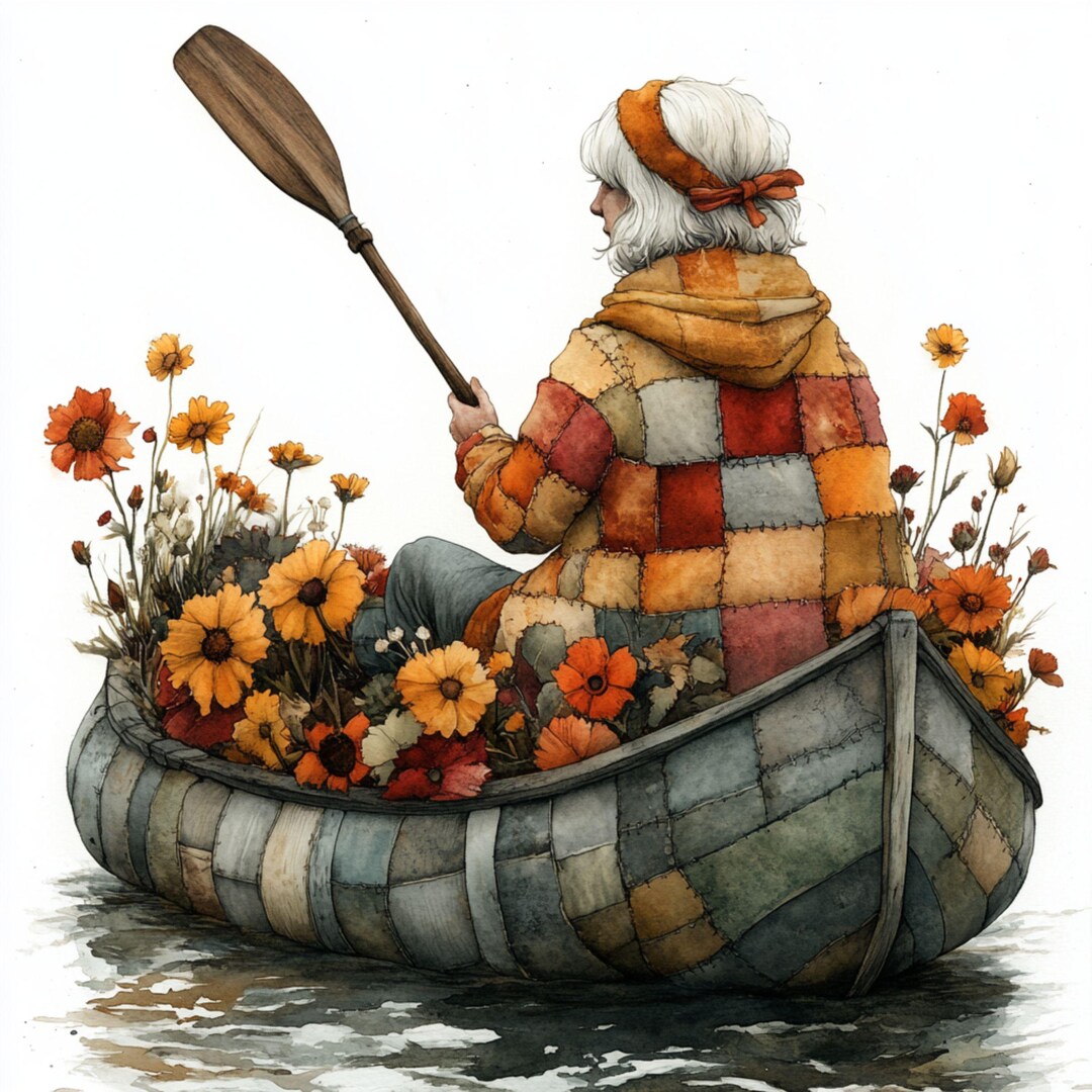 Patchwork Lady in Floral Boat Clipart: Watercolor Illustration (PNG ...