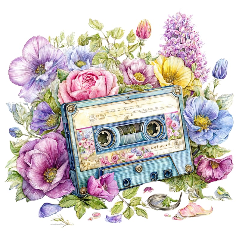 Floral Cassette Clipart: Vintage Watercolor Music Tape PNG (digital ...