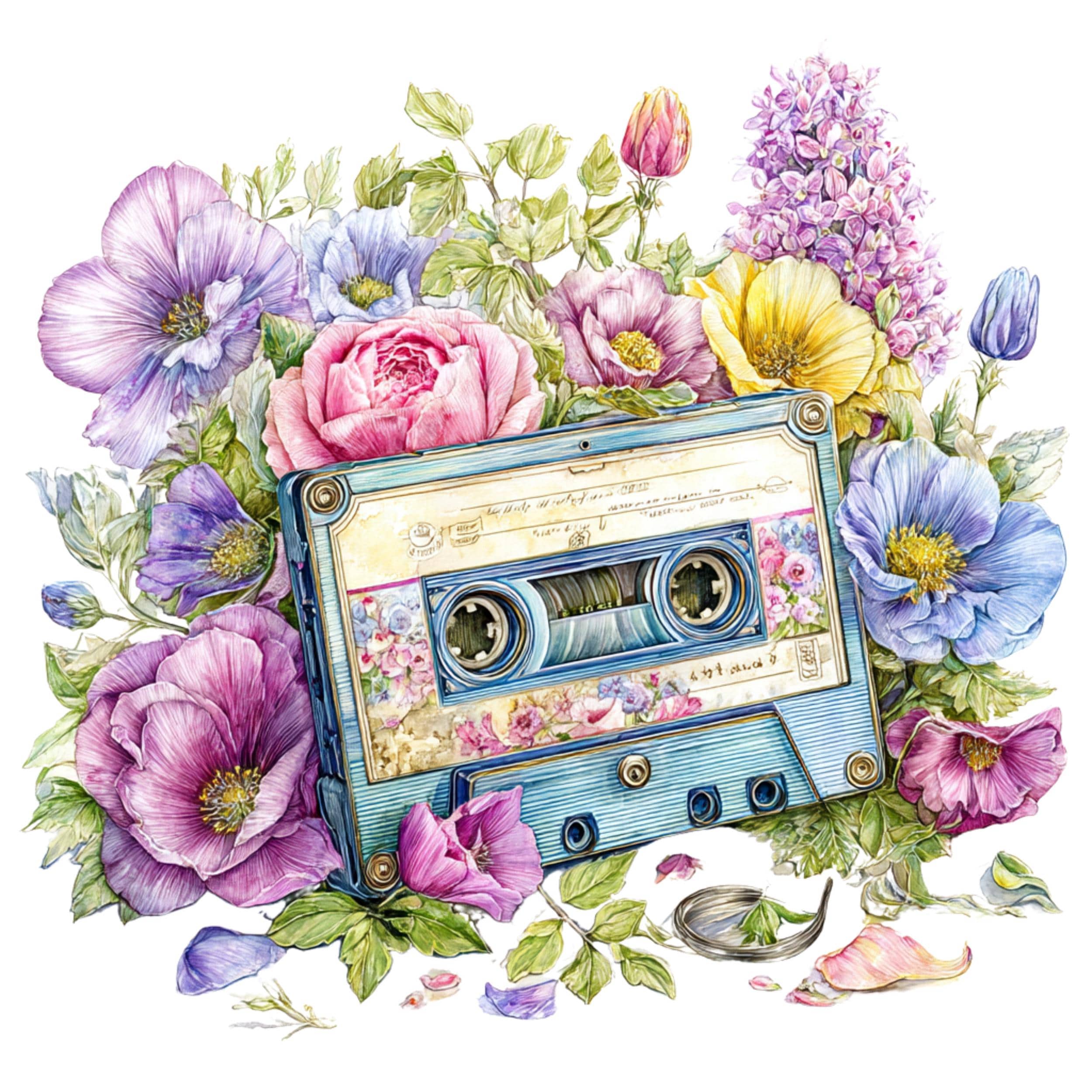 Floral Cassette Clipart: Vintage Watercolor Music Tape PNG (digital ...