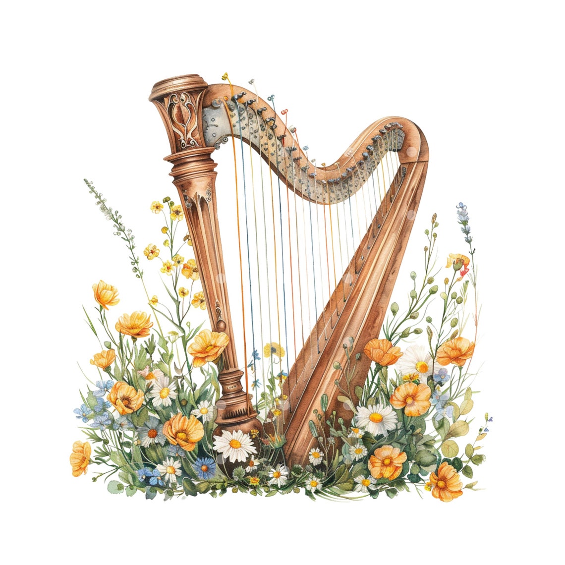 12 Floral Harp Clipart, PNG, Harp With Flowers Png, Printable ...