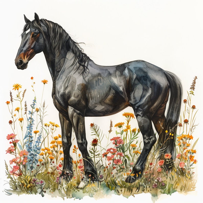 Black Horse Watercolor Clipart: Polished Horses Art (digital Download ...