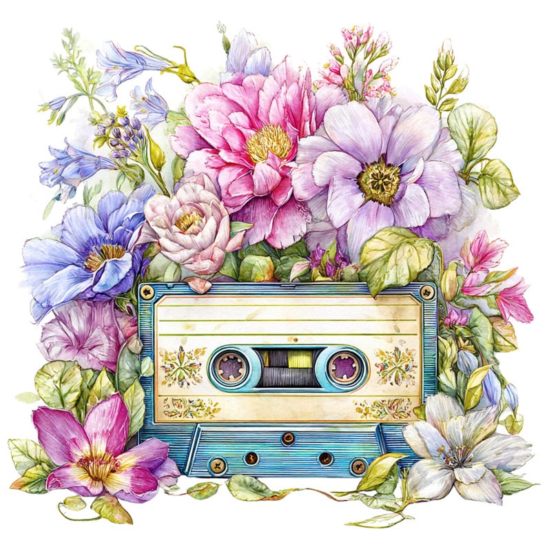 Floral Cassette Clipart: Vintage Watercolor Music Tape PNG (digital ...