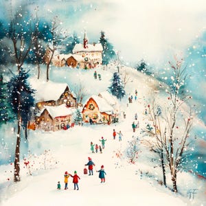 Watercolor Christmas Village Clipart: Snowy Winter Landscape (digital ...