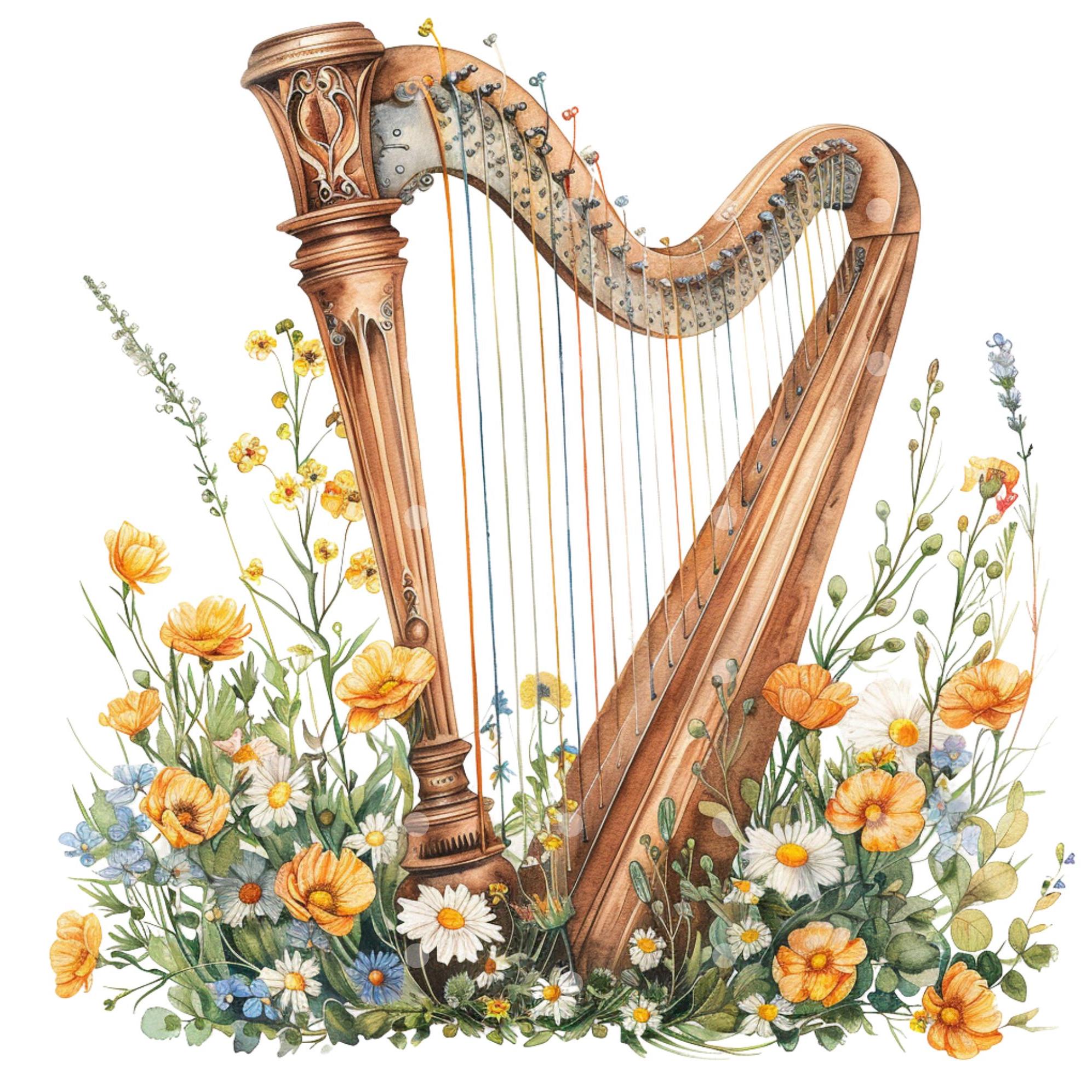 12 Floral Harp Clipart, PNG, Harp With Flowers Png, Printable ...