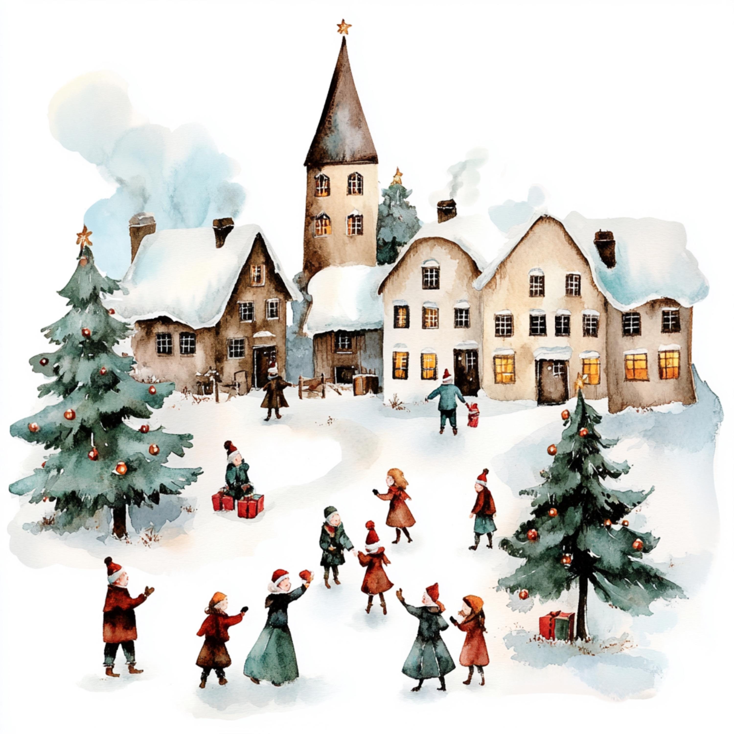 Watercolor Christmas Village Clipart: Snowy Winter Landscape (digital ...