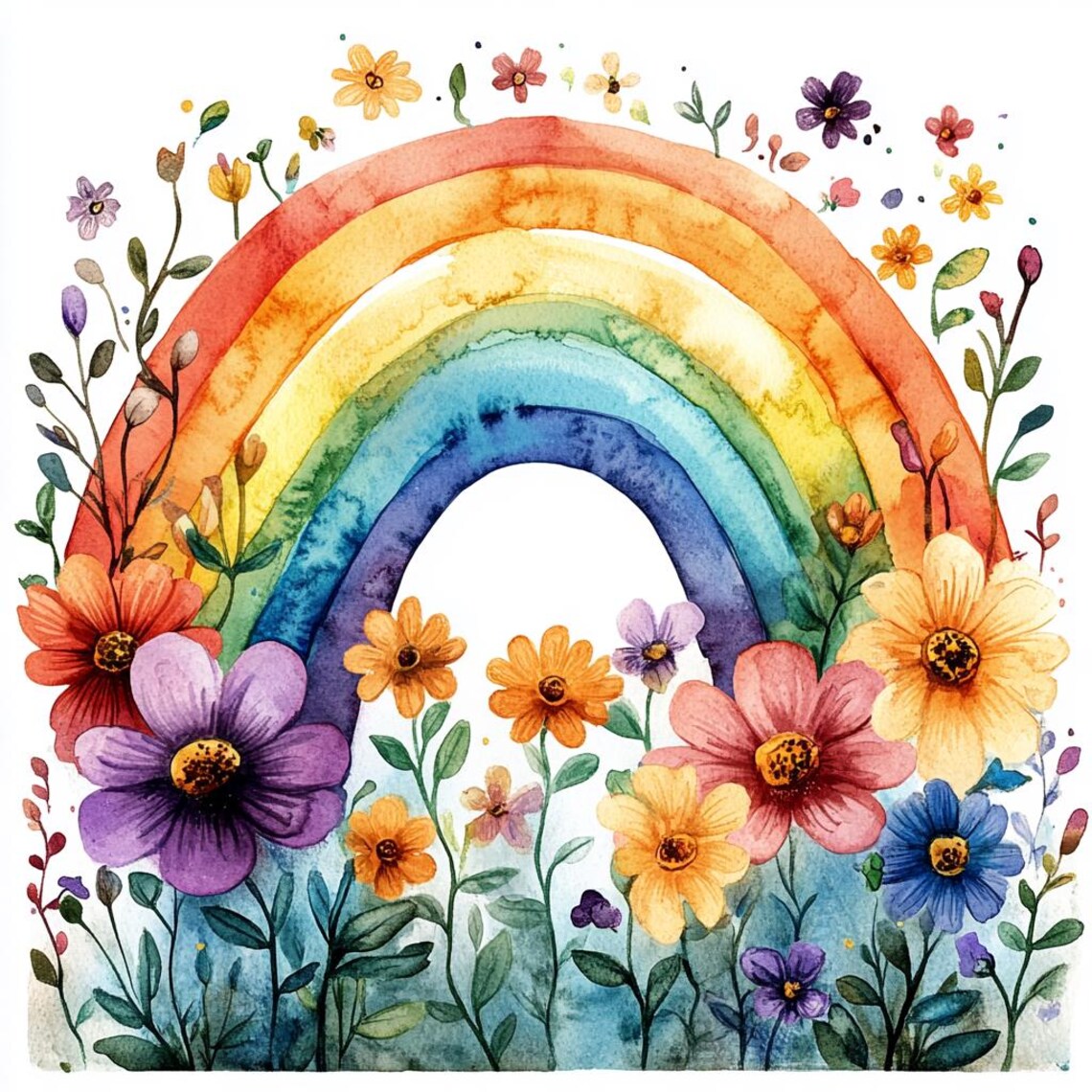 Watercolor Rainbow Flowers Clipart: Floral Art, JPG (digital Download ...