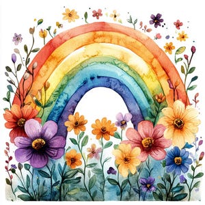 10 Rainbow Flowers Watercolor Clipart, JPG Cartoon Rainbow, Printable ...