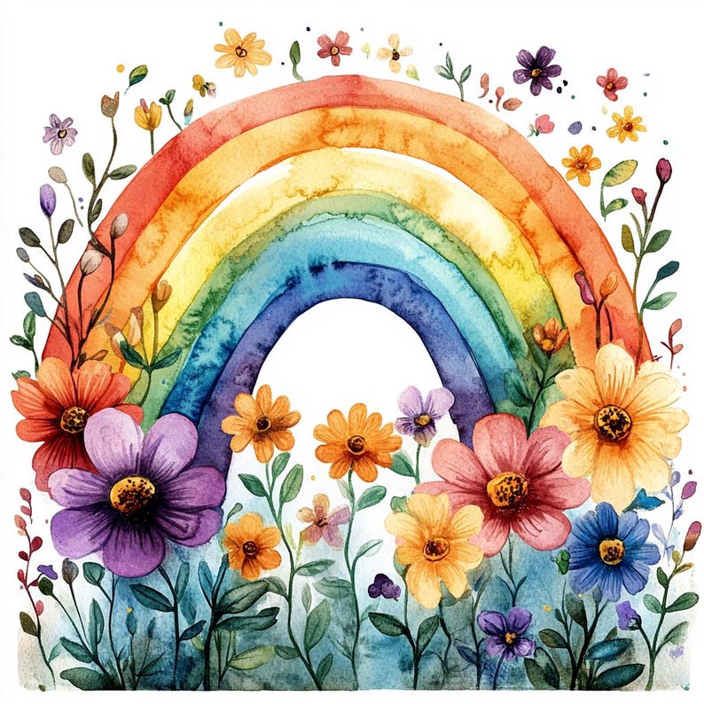 Watercolor Rainbow Flowers Clipart: Floral Art, JPG (digital Download ...