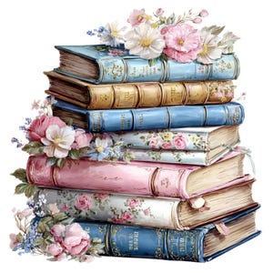 Cottagecore Book Stack Clipart: Watercolor Floral Library Art (PNG ...