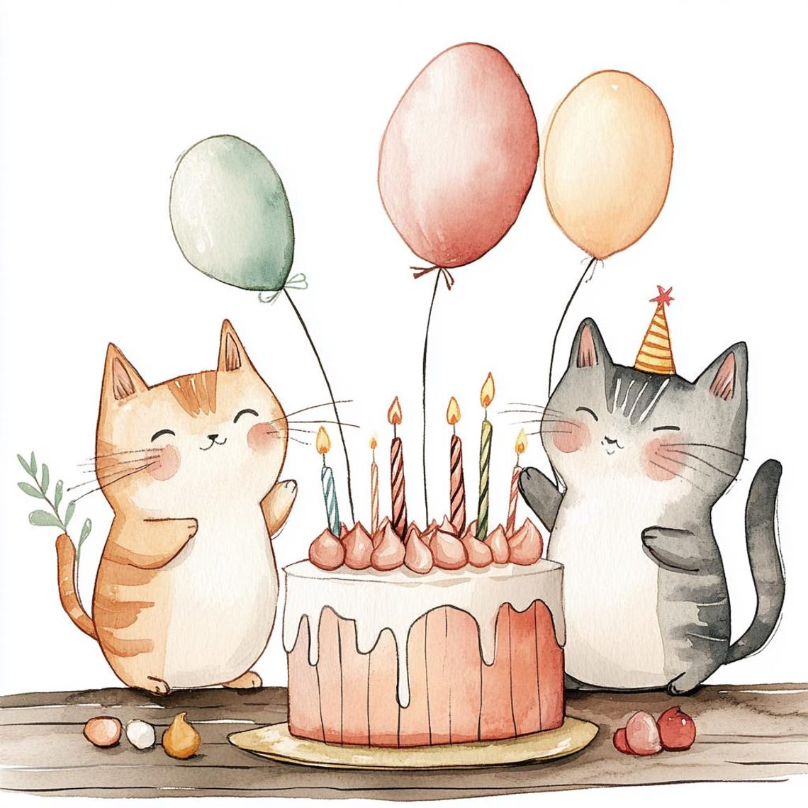 Watercolor Cat Birthday Clipart Bundle: Party Cake Designs (digital ...