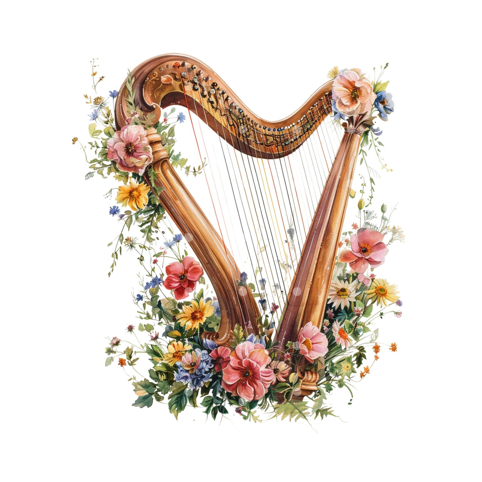 12 Floral Harp Clipart, PNG, Harp With Flowers Png, Printable ...