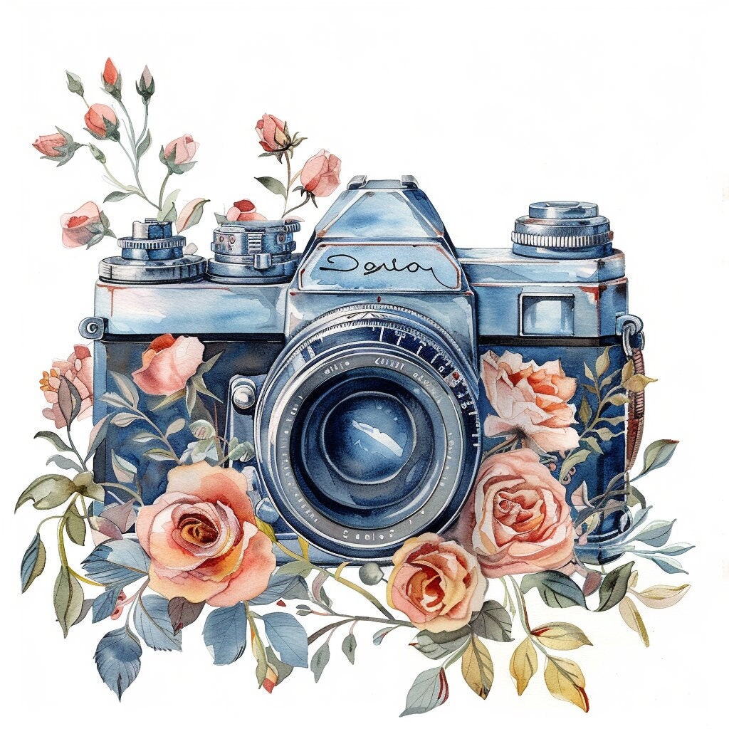 Watercolor Camera Clipart: Flowers PNG Bundle (digital Download) - Etsy