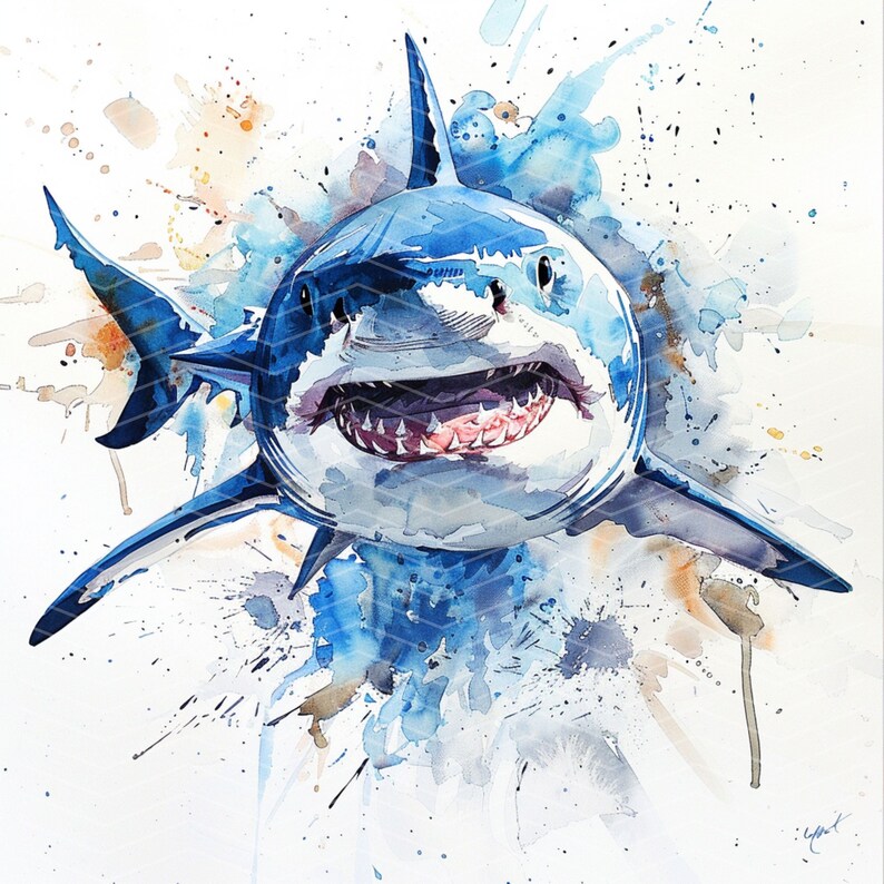 Watercolor Shark Clipart: Sea Fish Illustrations (JPG Digital Download ...