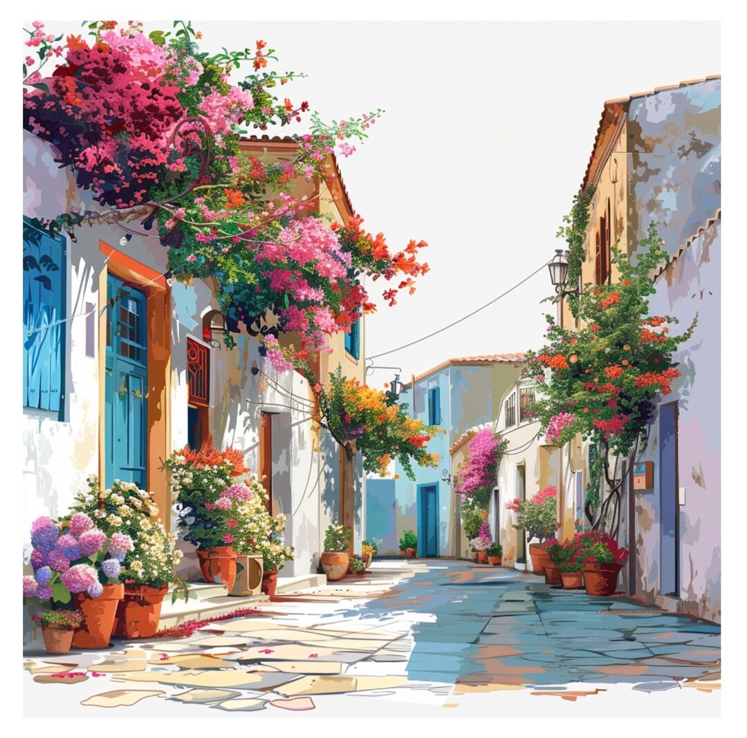 Watercolor Flower Street Clipart: Printable Floral Townscape (JPG ...